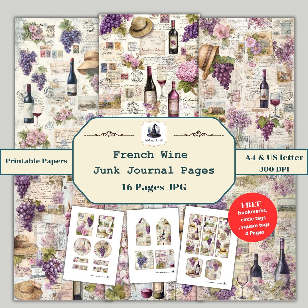 French Wine Junk Journal Pages Kit (printable Papers /A4 & US Letter ...