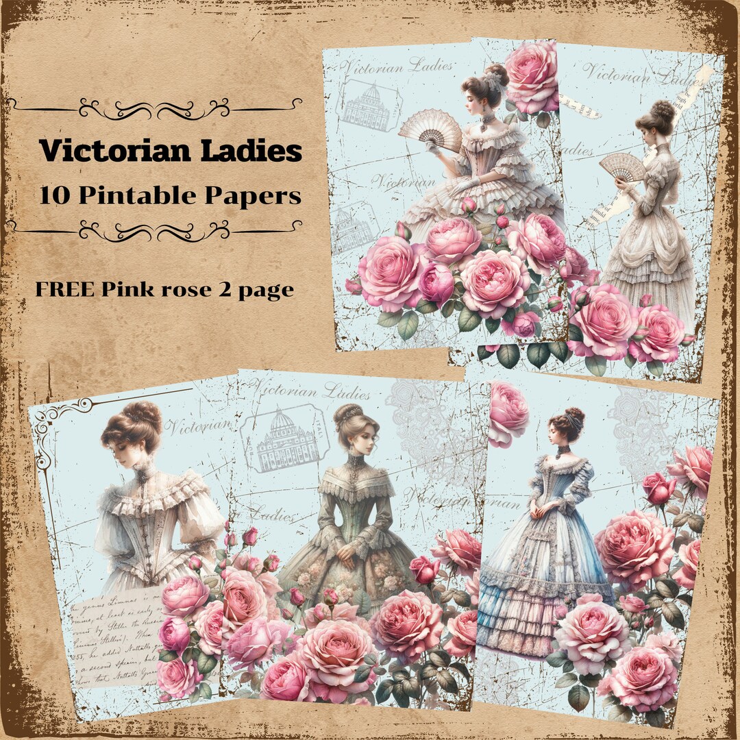 Printable Victorian Ladies Pink Rose 10 Page **FREE Pink Rose on White ...