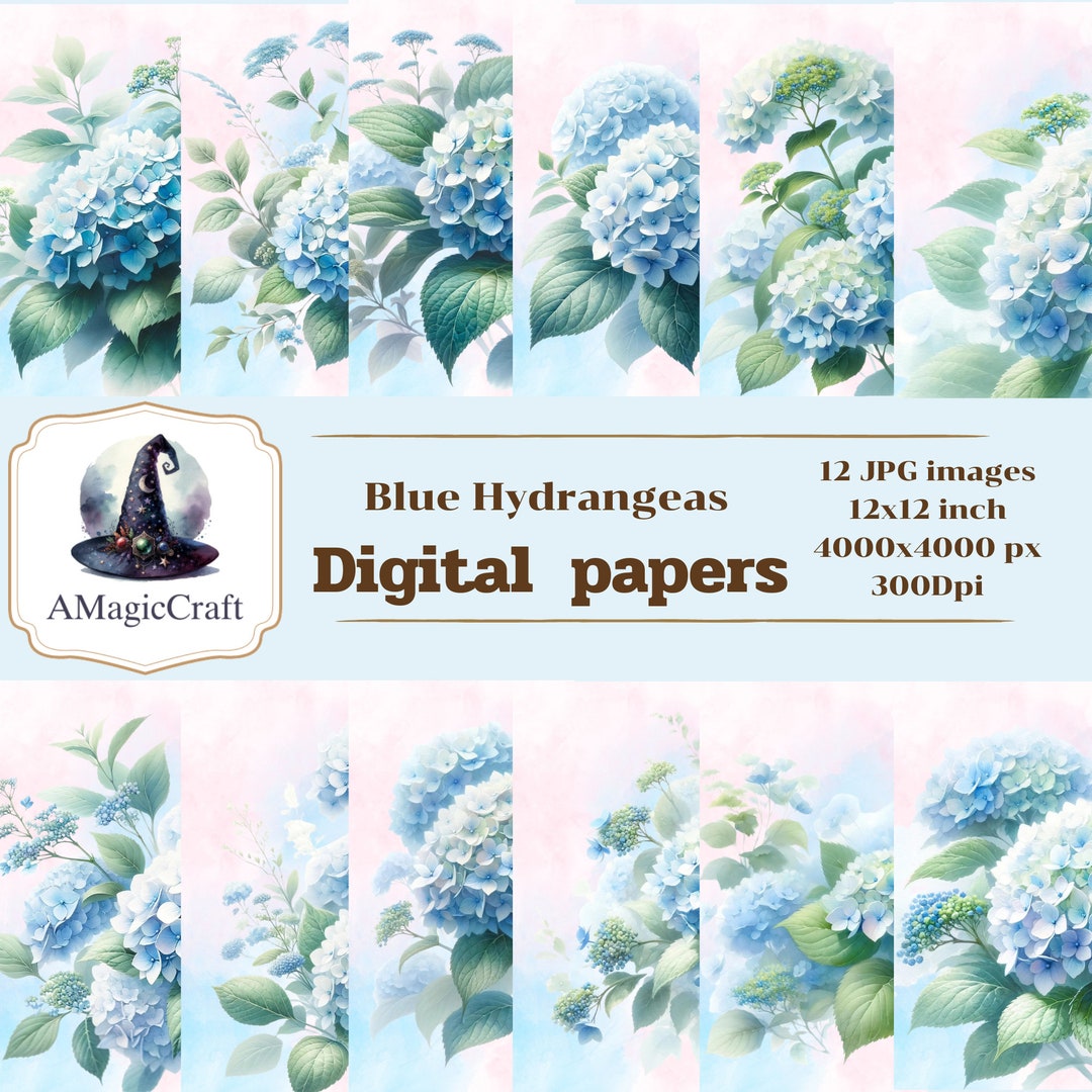 Blue Hydrangeas Digital Paper 12 JPG Images 4000x4000 300 Dpi ,paper ...