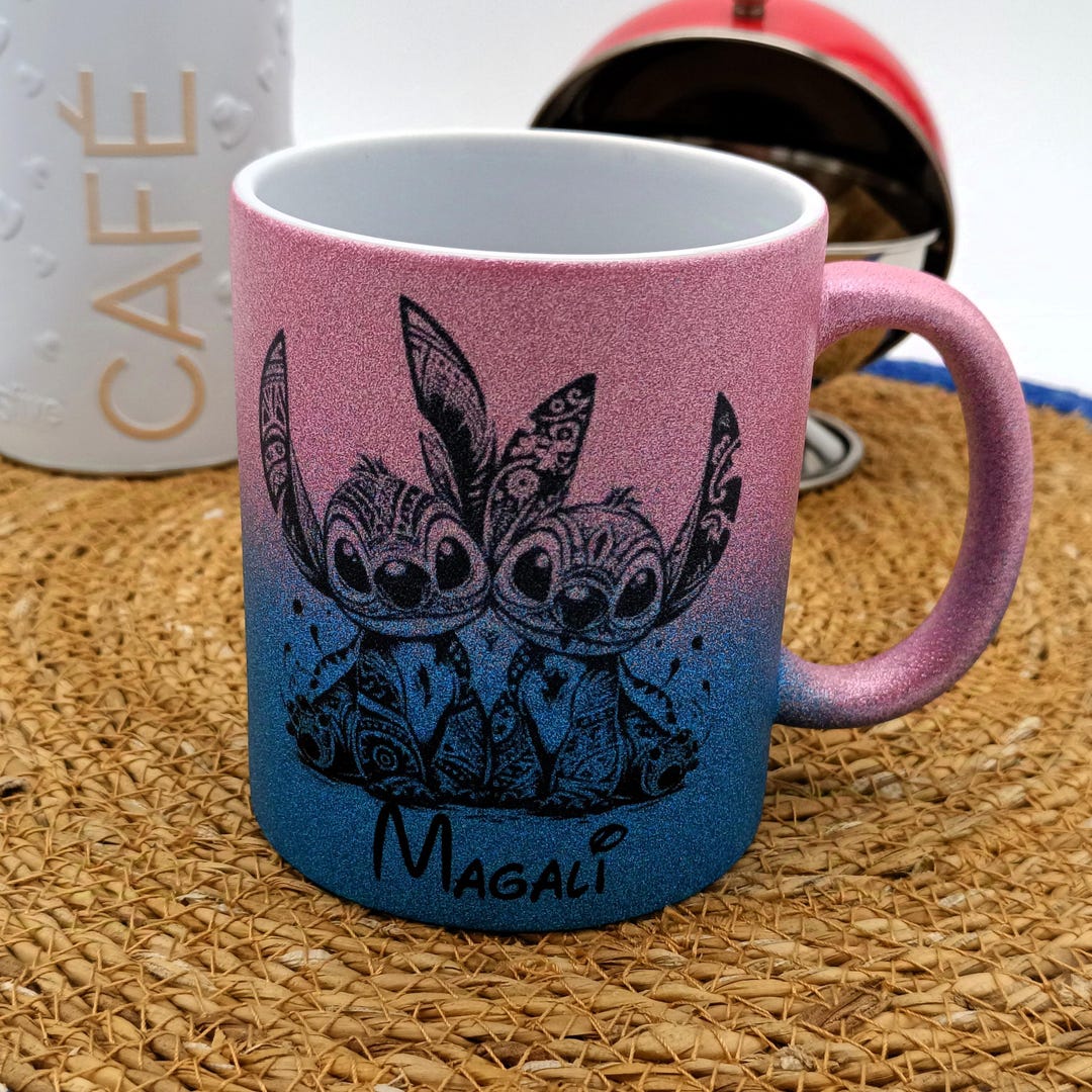 Stitch and Angel Blue and Pink Glitter Mug Personalized With First Name ...