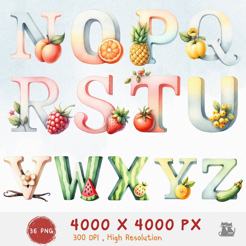 Watercolor Alphabet & Number Fruits Clip Art, PNG Transparent ...