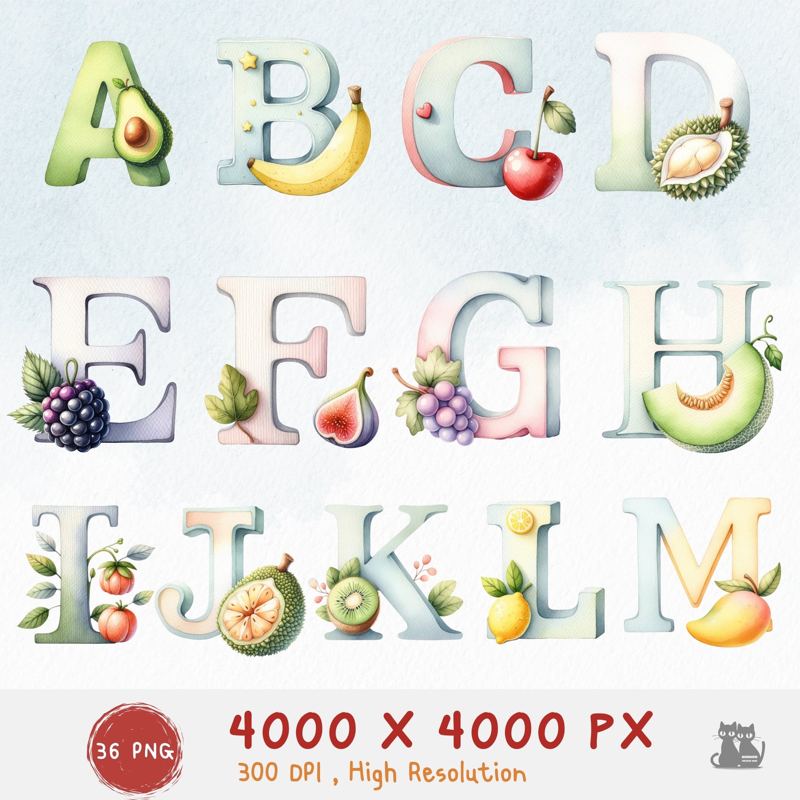 Watercolor Alphabet & Number Fruits Clip Art, PNG Transparent ...