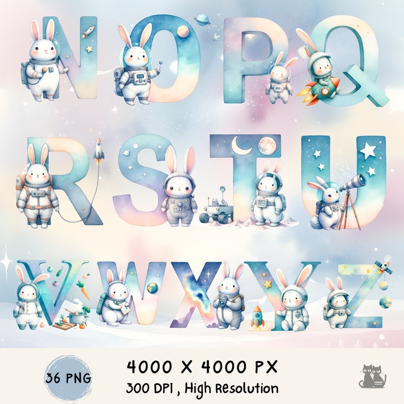 Watercolor Clipart Alphabet & Number the Rabbit Space Themed, PNG ...