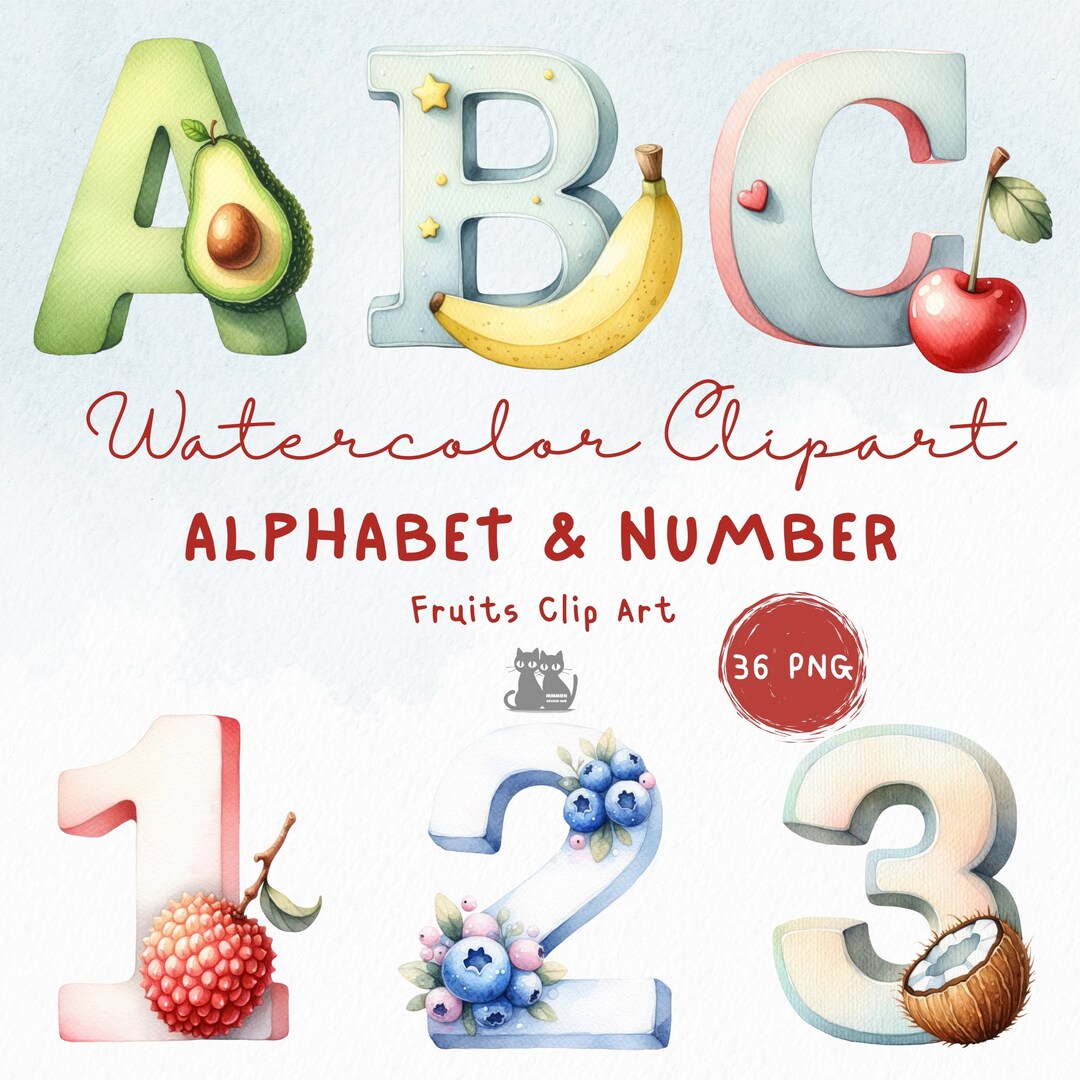 Watercolor Alphabet & Number Fruits Clip Art, PNG Transparent ...
