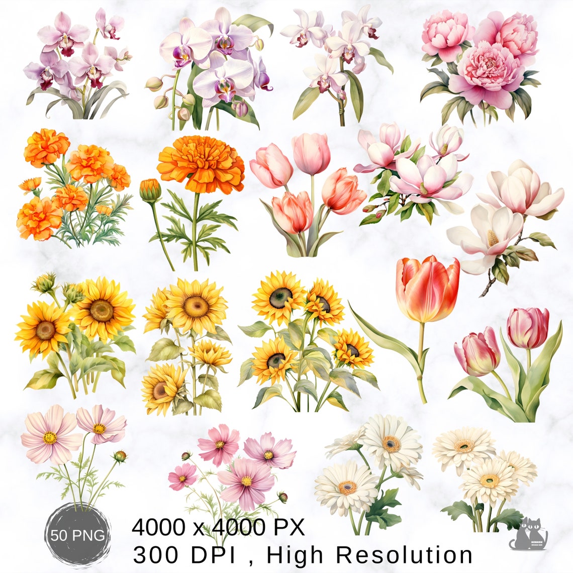 50 Watercolor Clipart Wedding Flower Elements ,PNG Transparent ...