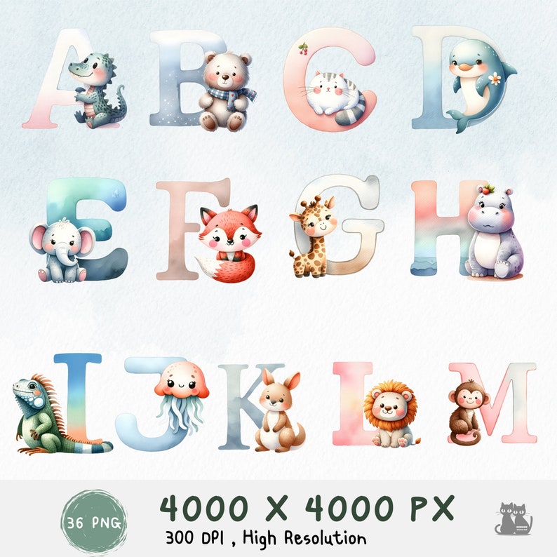 Watercolor Clipart Alphabet & Number Cute Safari Animal Bundle, PNG ...