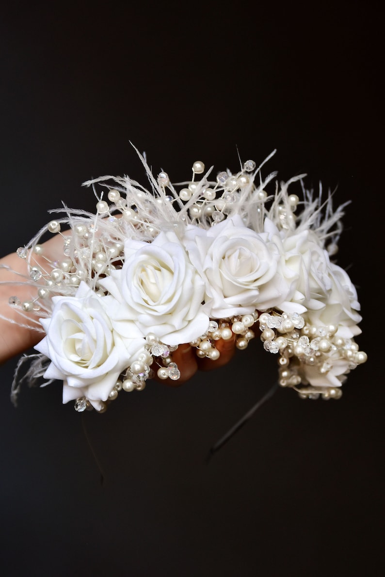 Feathered Princess Bridal Crown With Glass Beads and Roses Handcrafted ...