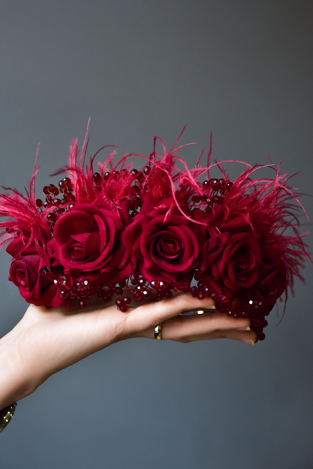 Feathered Princess Bridal Crown With Glass Beads and Roses Handcrafted ...