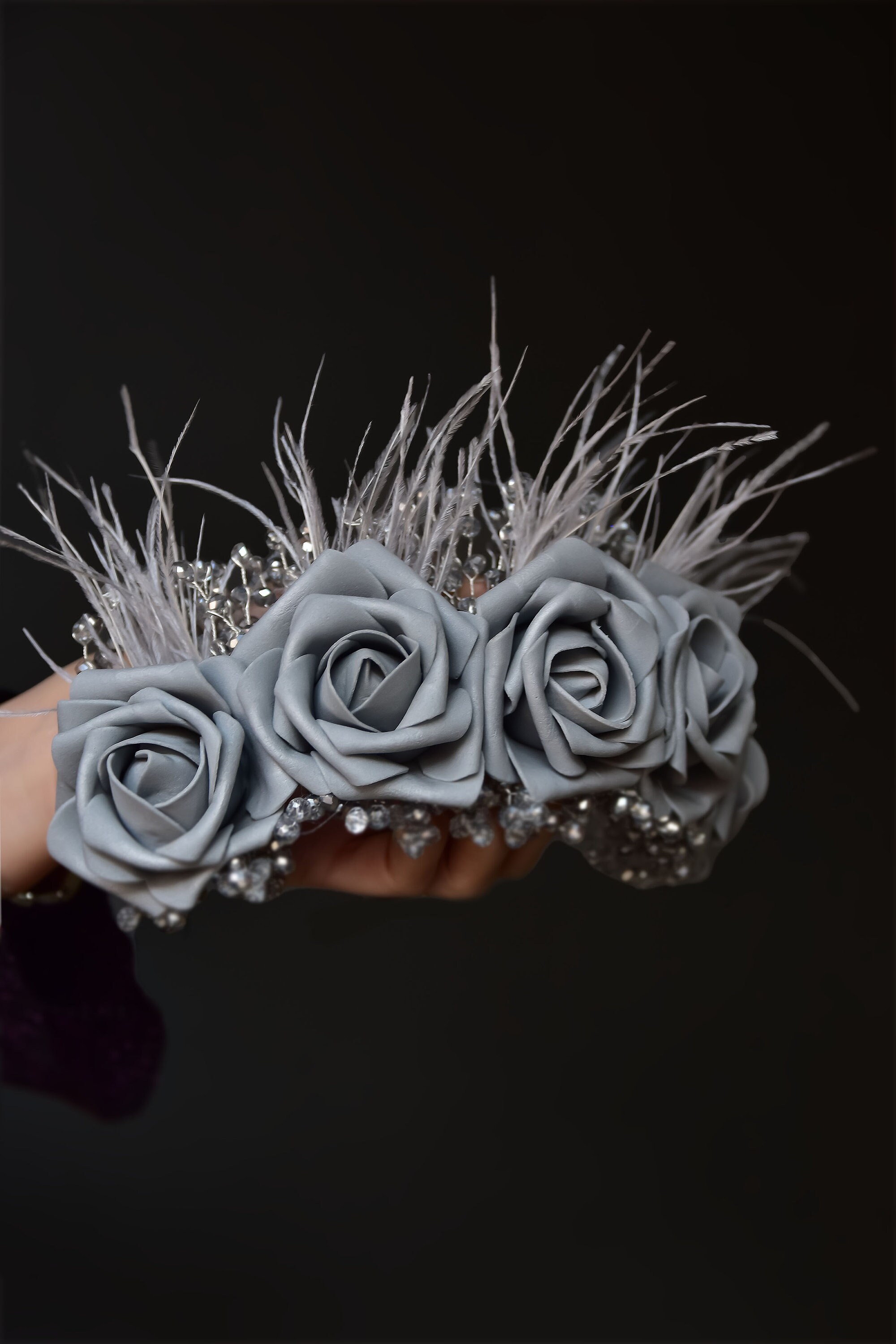 Feathered Princess Bridal Crown With Glass Beads and Roses Handcrafted ...