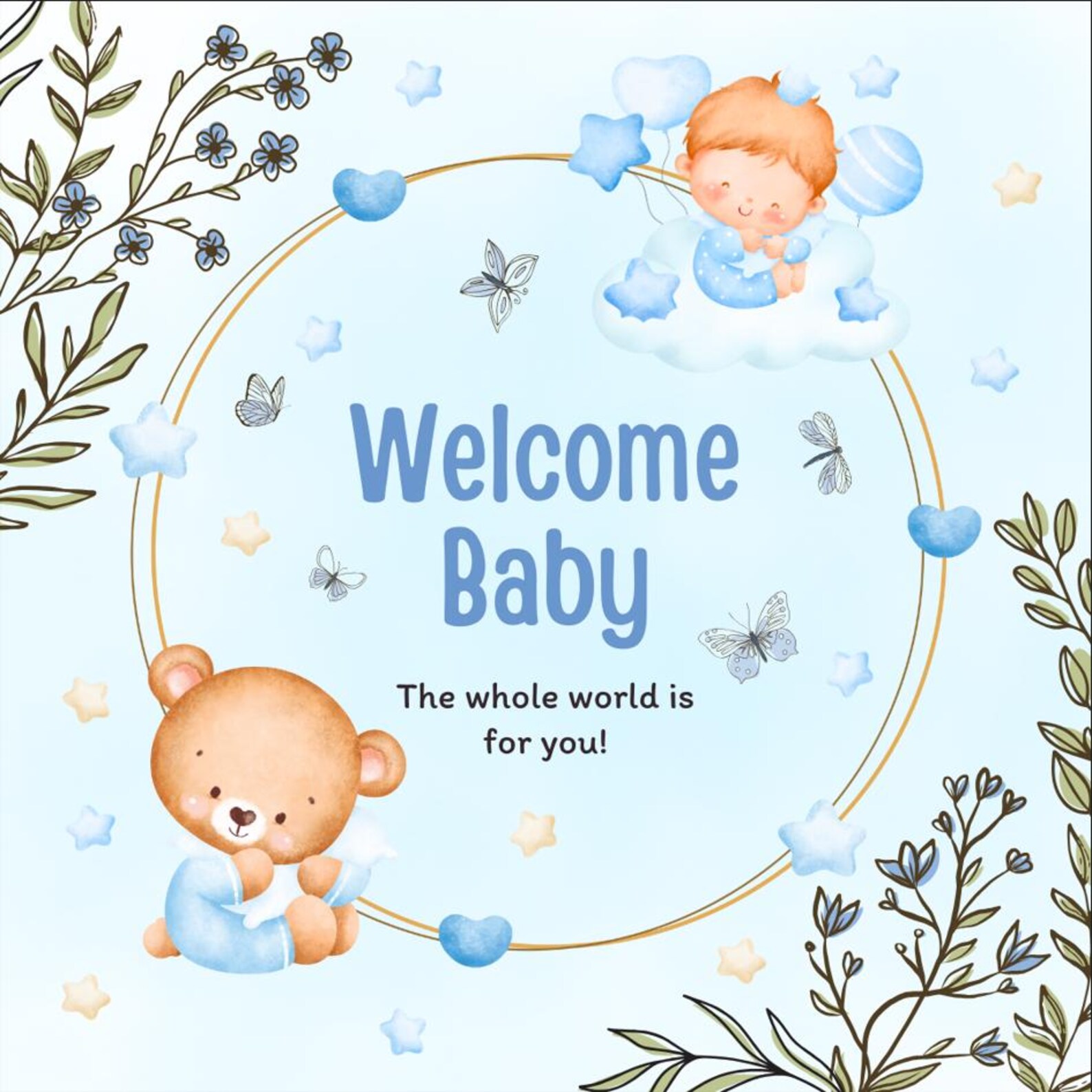 Welcome Baby Watercolor Card - Blue & Green Sketch Design, Unique ...