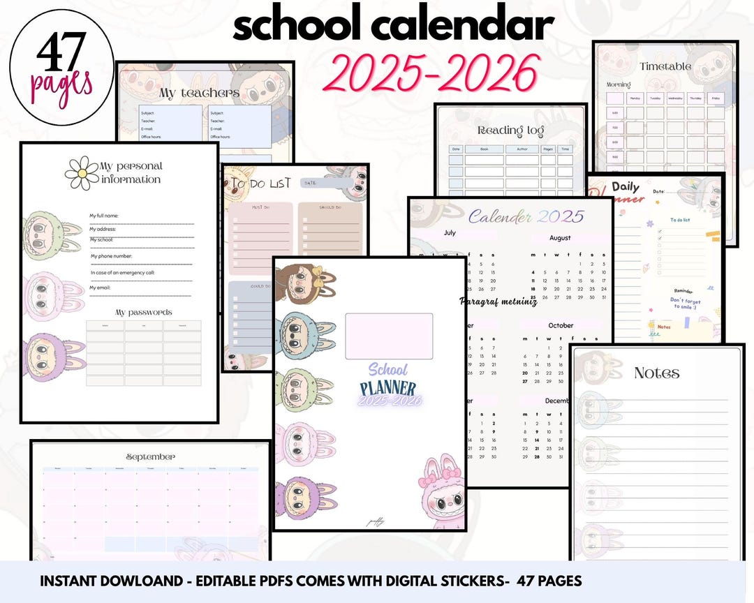 Labubu School Calendar 2025-2026 | Printable, Editable PDF, Cute ...