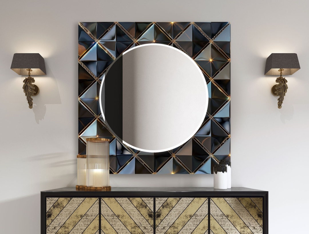 Black Geometric Glass Wall Mirror: Modern Round Entryway Art - Etsy