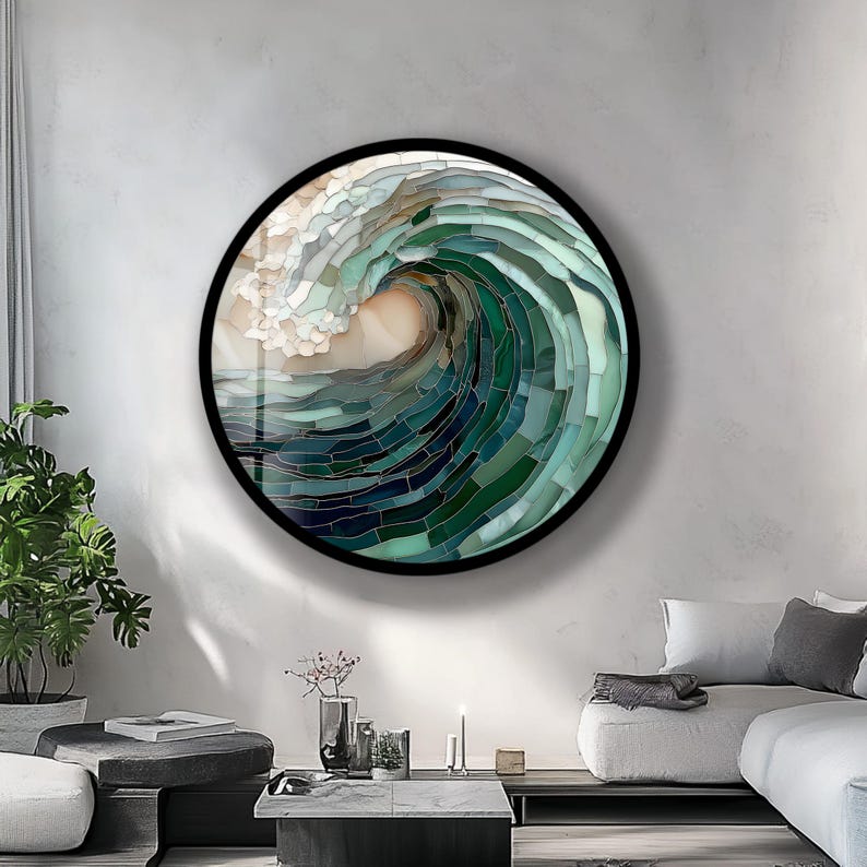 Soft Green Ocean Wave Tempered Glass Wall Art, Round Coastal Decor - Etsy