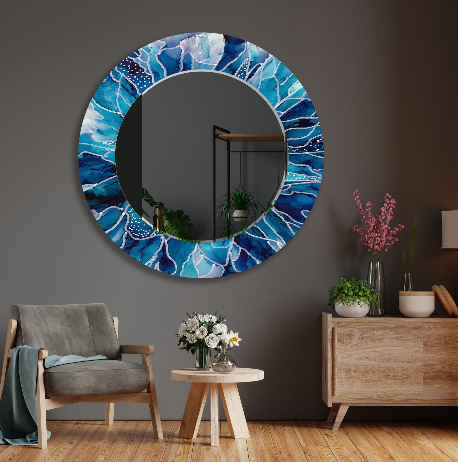 Blue Abstract Wall Mirror: Modern Tempered Glass Decorative Frame - Etsy