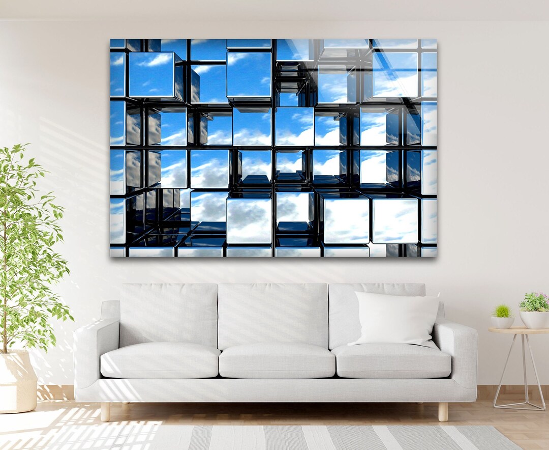 3D Geometric Glass Wall Art: Modern Abstract Cube With Blue Sky ...