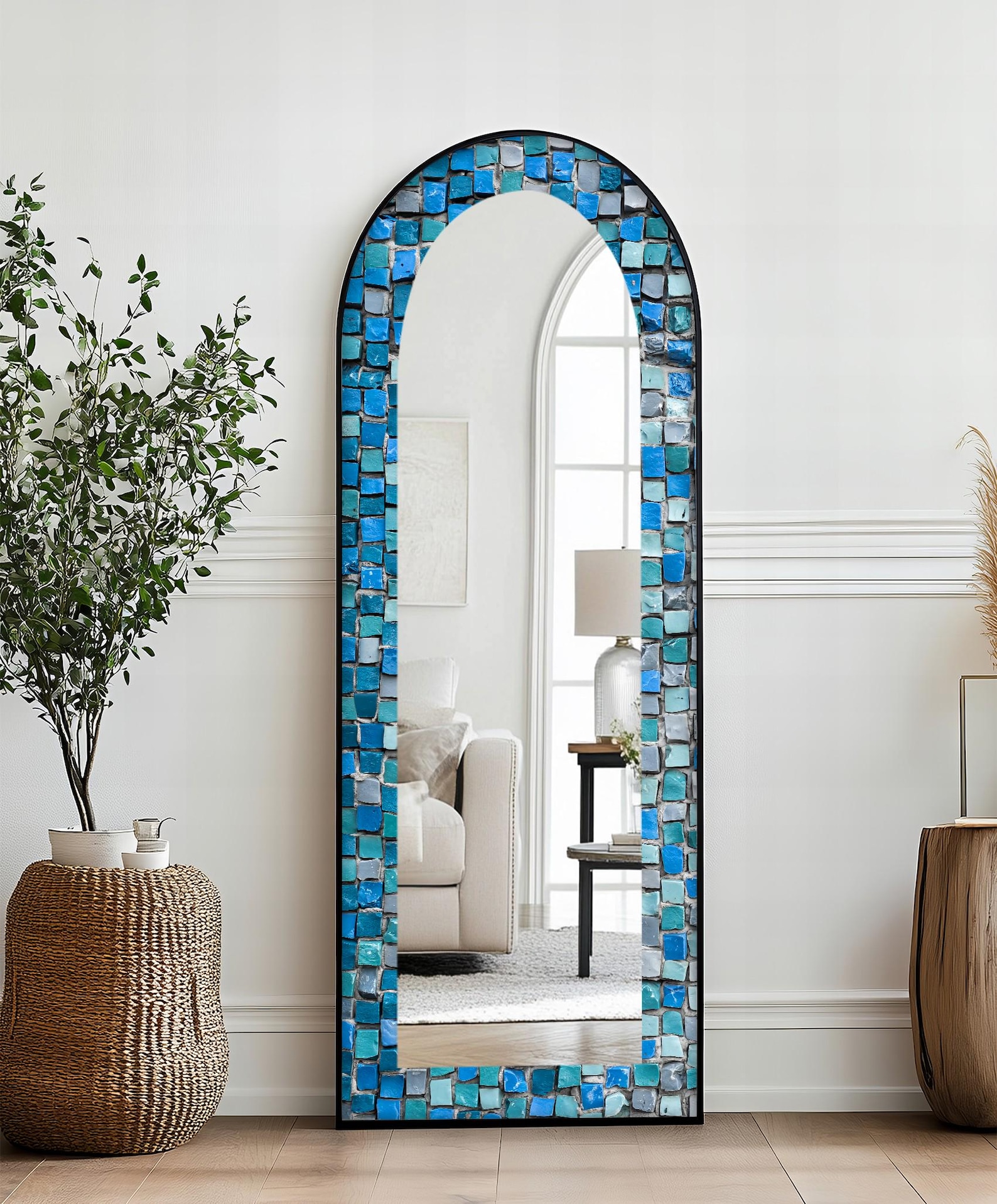 Ocean Blue Mosaic Arch Mirror: Coastal Boho Full Length Wall Mirror - Etsy