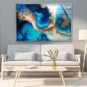 Blue & Gold Geode Glass Wall Art: Modern Agate Print - Etsy