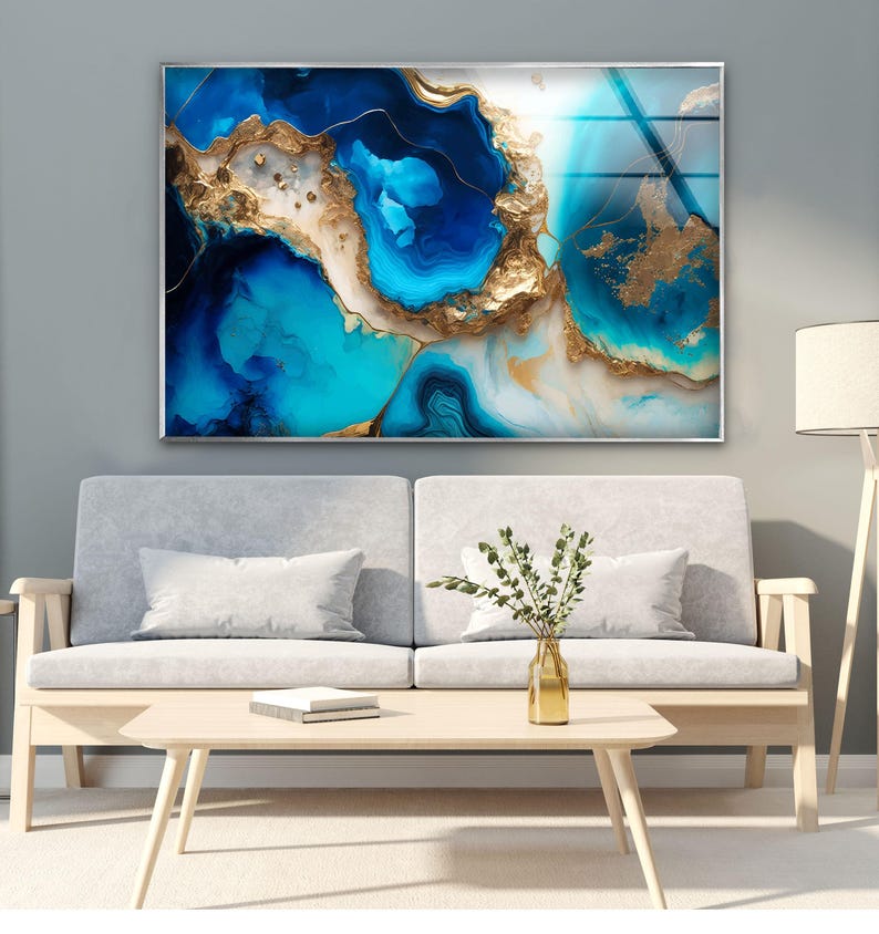 Blue & Gold Geode Glass Wall Art: Modern Agate Print - Etsy