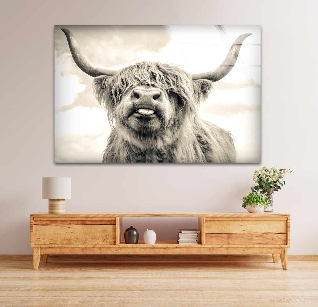 Highland Cow Glass Wall Art - Black and White Farmhouse Decor - Rustic ...