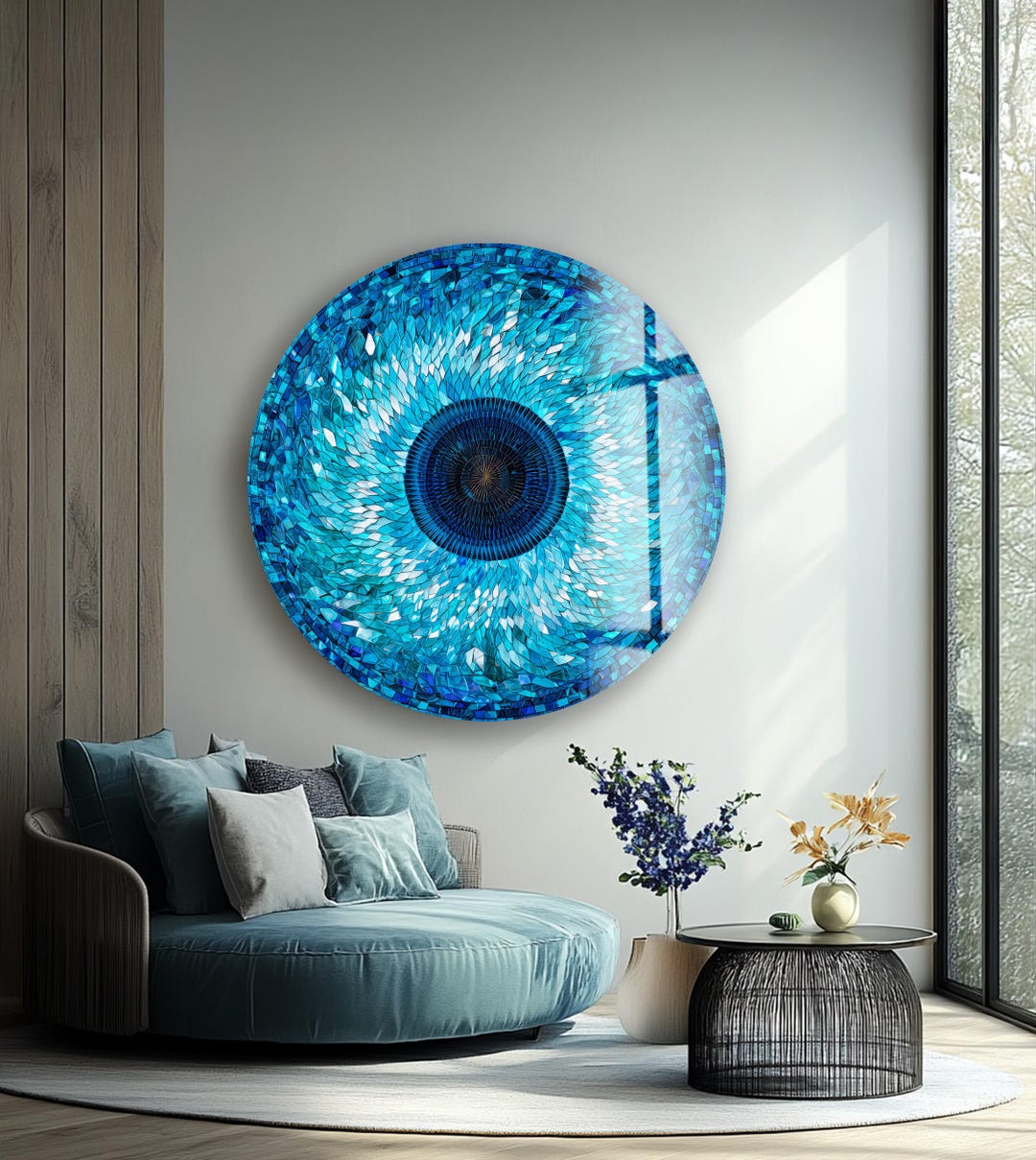 Blue Mosaic Evil Eye Glass Wall Art, Round Stained Tempered Glass ...