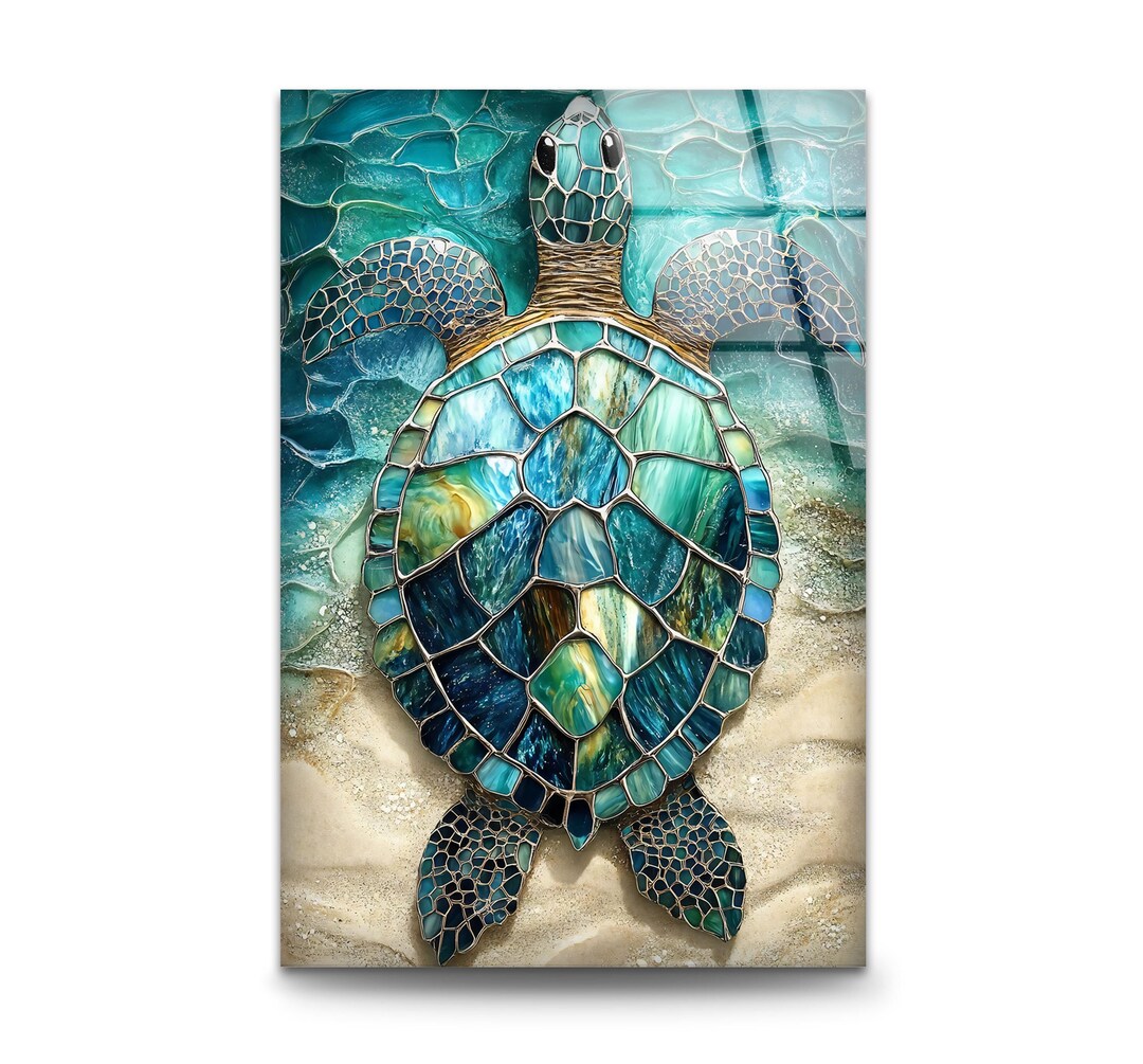 Sea Turtle Glass Wall Art – Ocean-inspired Glass Print, Blue Green ...