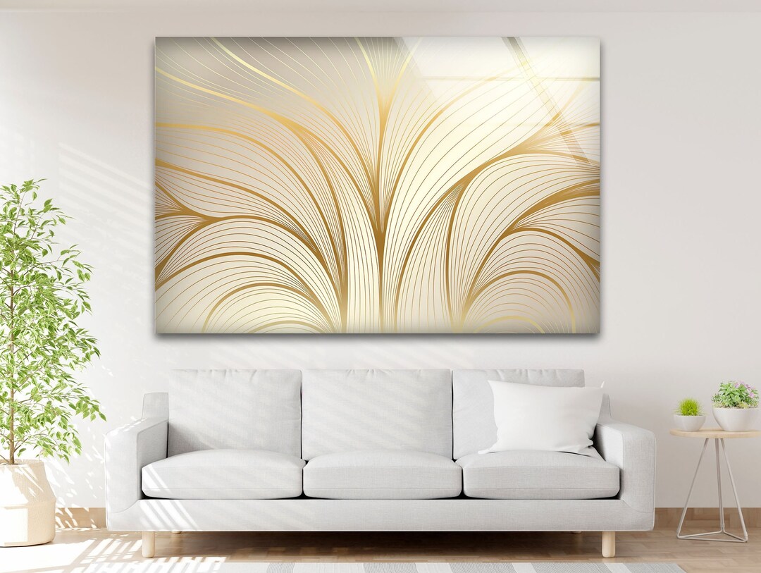 Glass Wall Art – Gold Abstract Lines Glass Print, Modern Minimalist ...