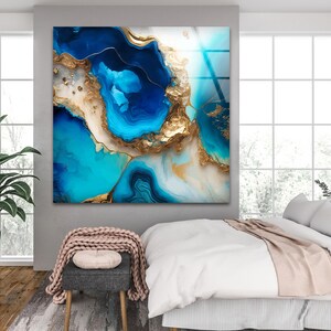Blue & Gold Geode Glass Wall Art: Modern Agate Print - Etsy