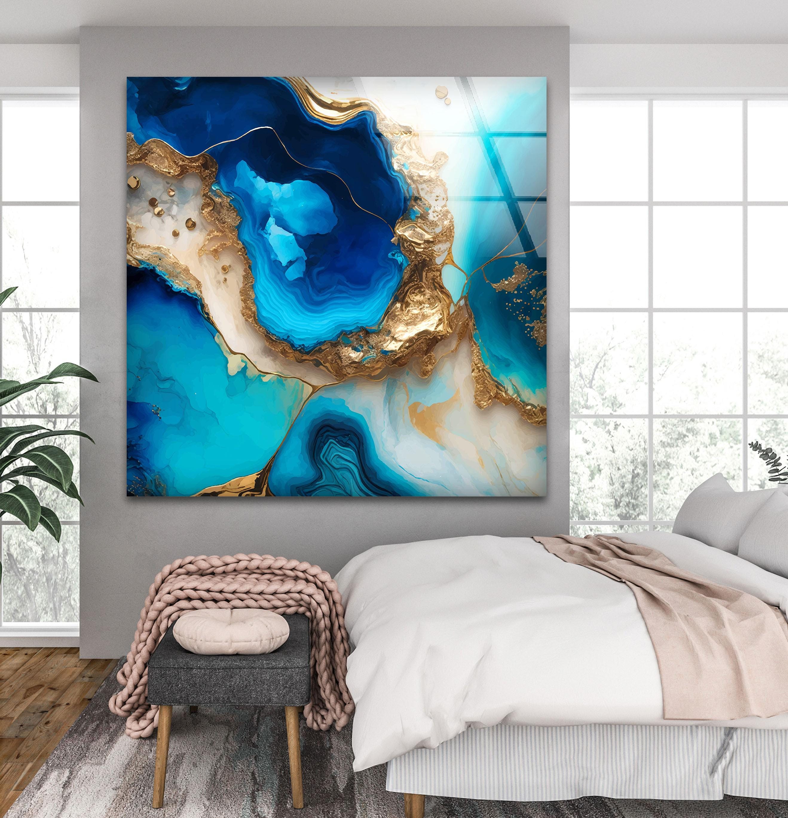 Blue & Gold Geode Glass Wall Art: Modern Agate Print - Etsy