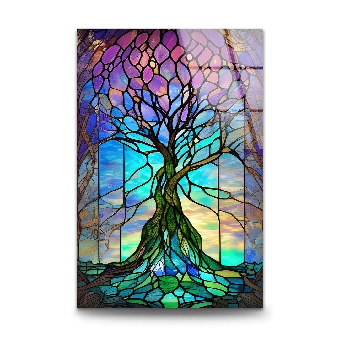 Tree of Life Stained Glass Art: Colorful Botanical Tempered Glass Print ...