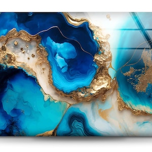 Blue & Gold Geode Glass Wall Art: Modern Agate Print - Etsy