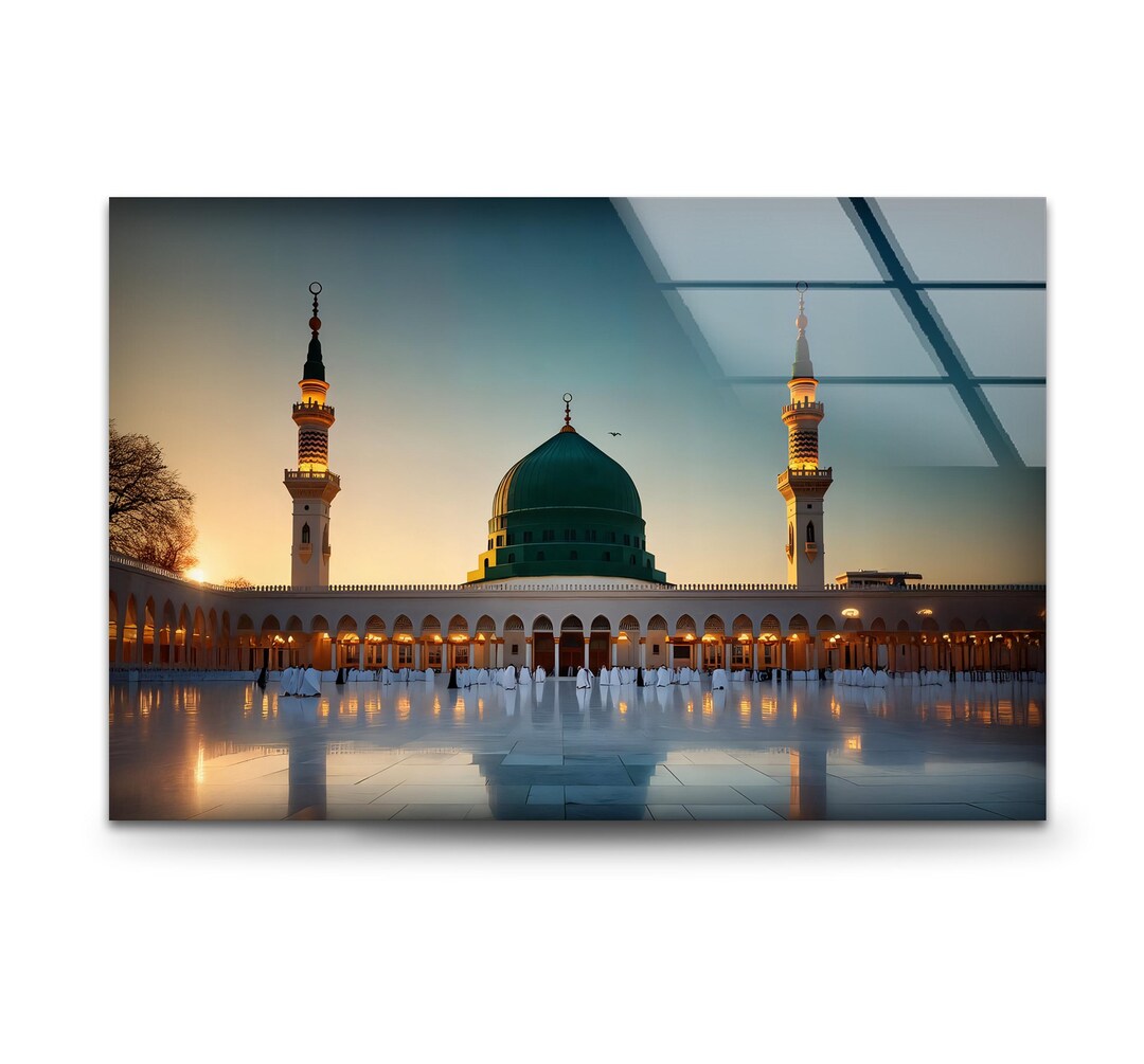 Medina Mosque Glass Wall Art – Islamic Wall Decor With Green Dome ...