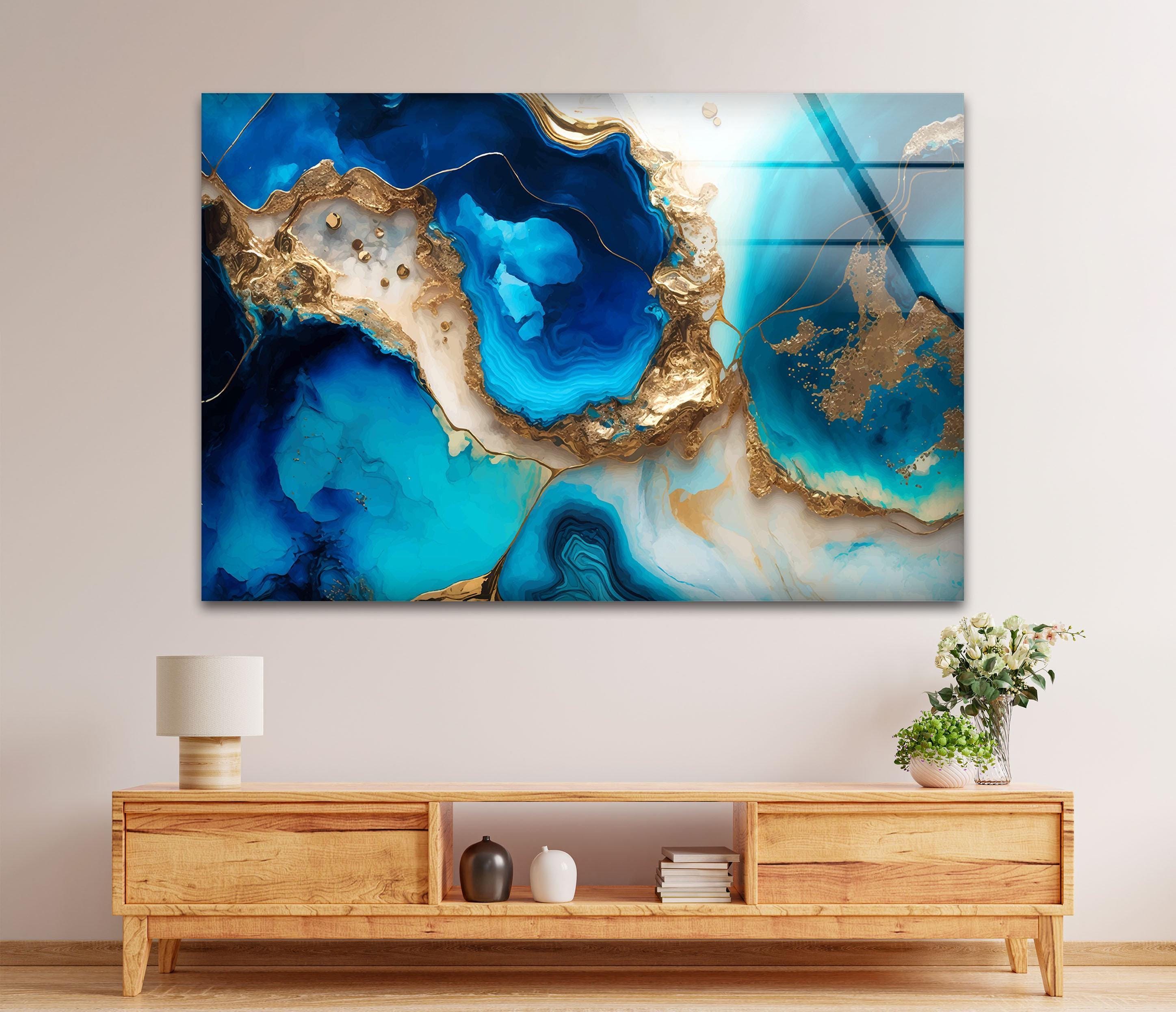 Blue & Gold Geode Glass Wall Art: Modern Agate Print - Etsy