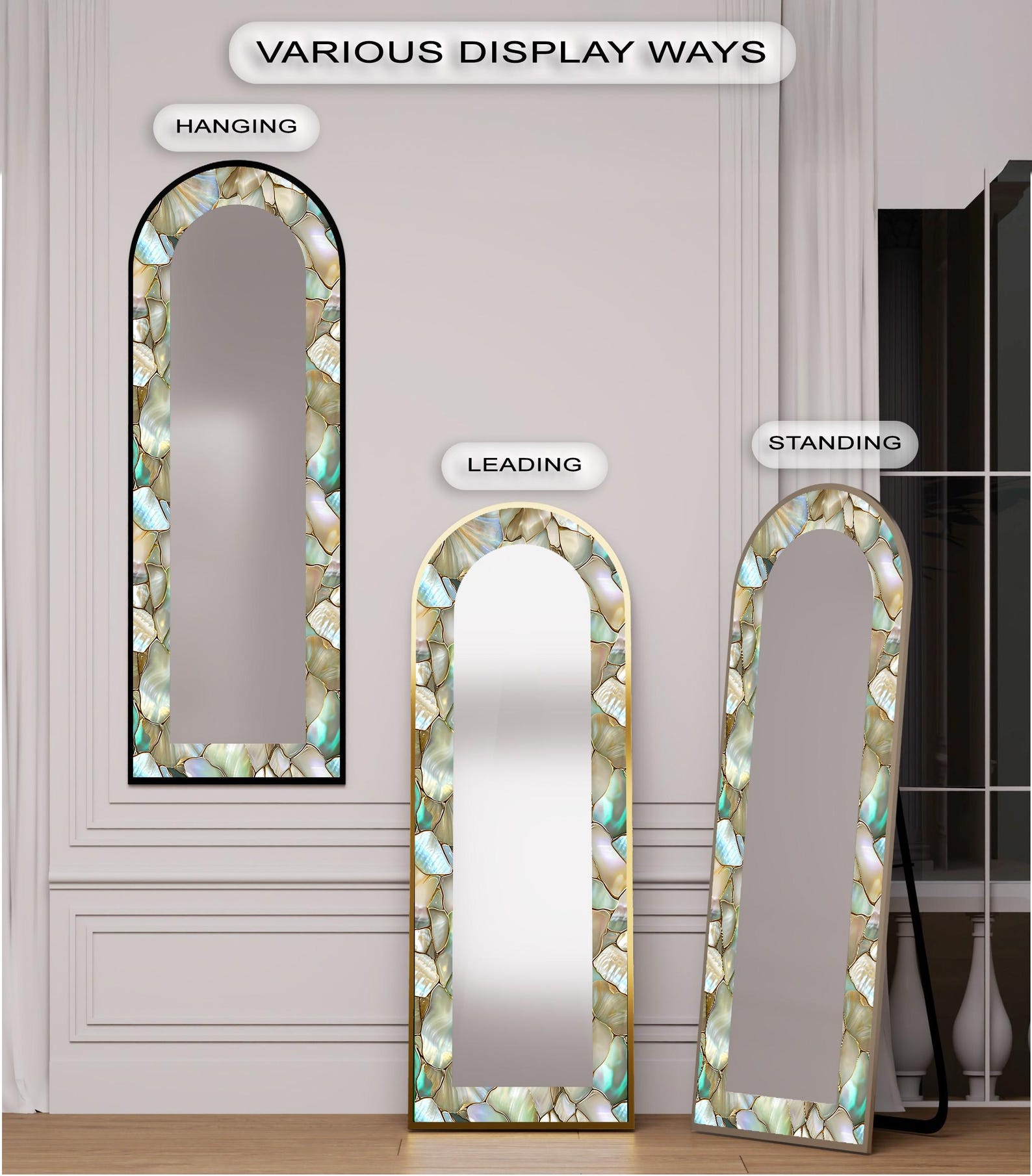 Mother of Pearl Arch Floor Mirror: Pastel Shell Mosaic, Tempered Glass ...