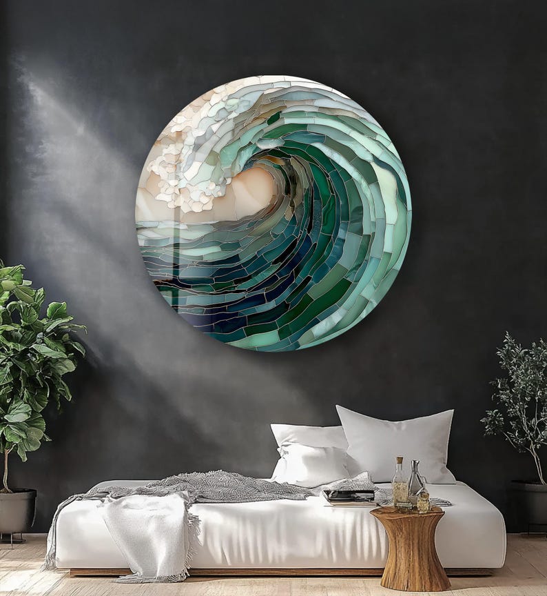 Soft Green Ocean Wave Tempered Glass Wall Art, Round Coastal Decor - Etsy