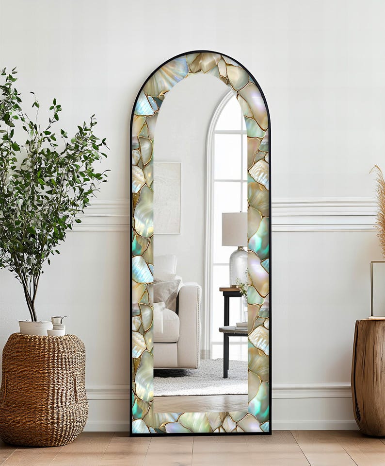 Mother of Pearl Arch Floor Mirror: Pastel Shell Mosaic, Tempered Glass ...