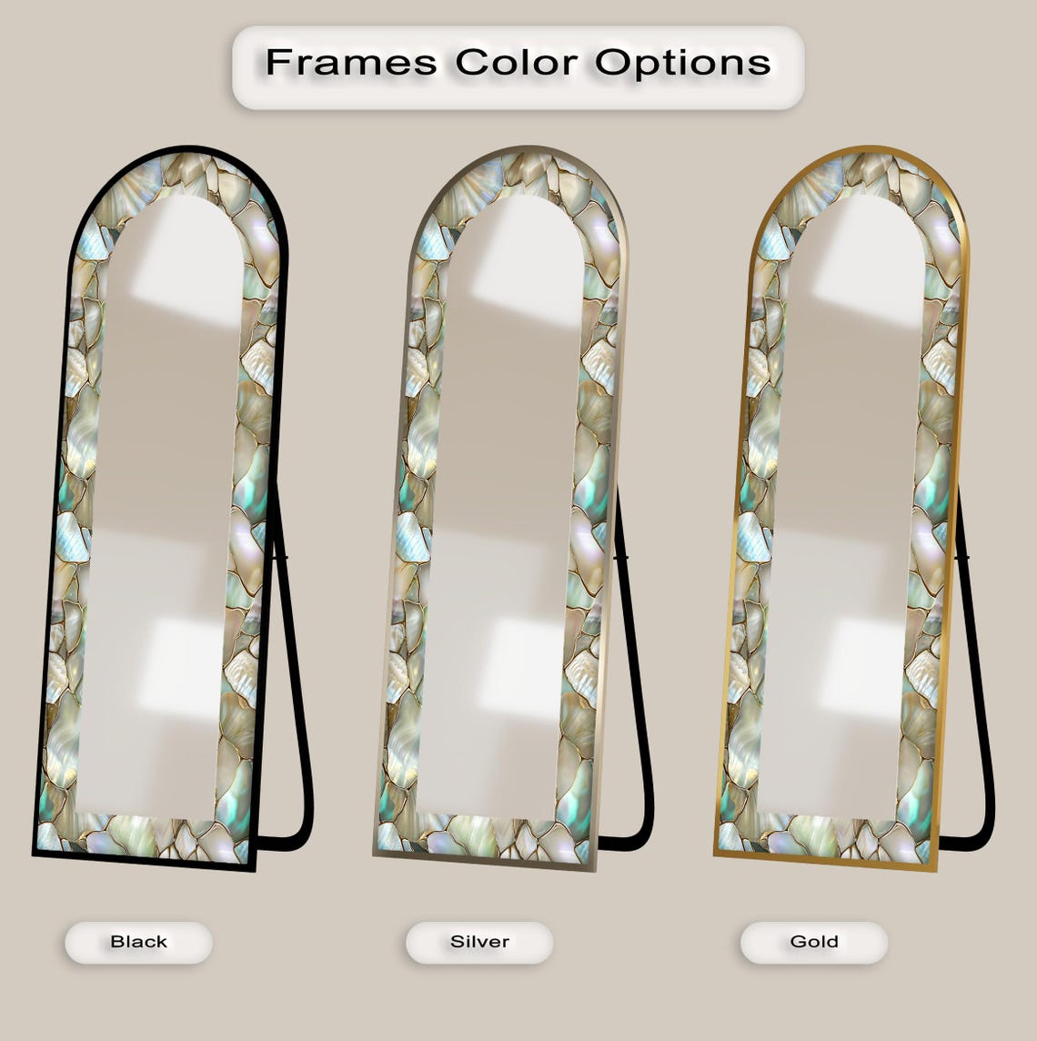 Mother of Pearl Arch Floor Mirror: Pastel Shell Mosaic, Tempered Glass ...