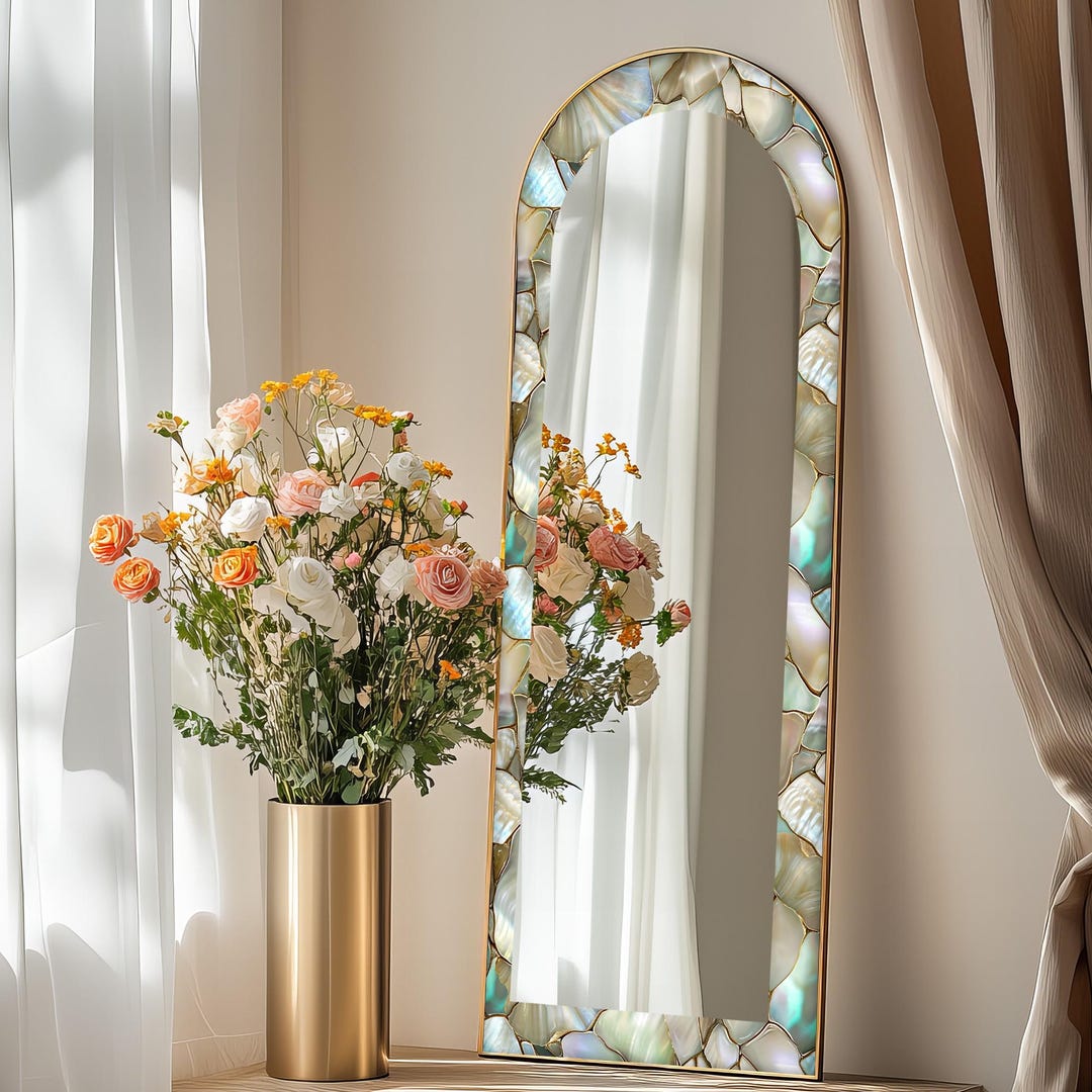 Mother of Pearl Arch Floor Mirror: Pastel Shell Mosaic, Tempered Glass ...