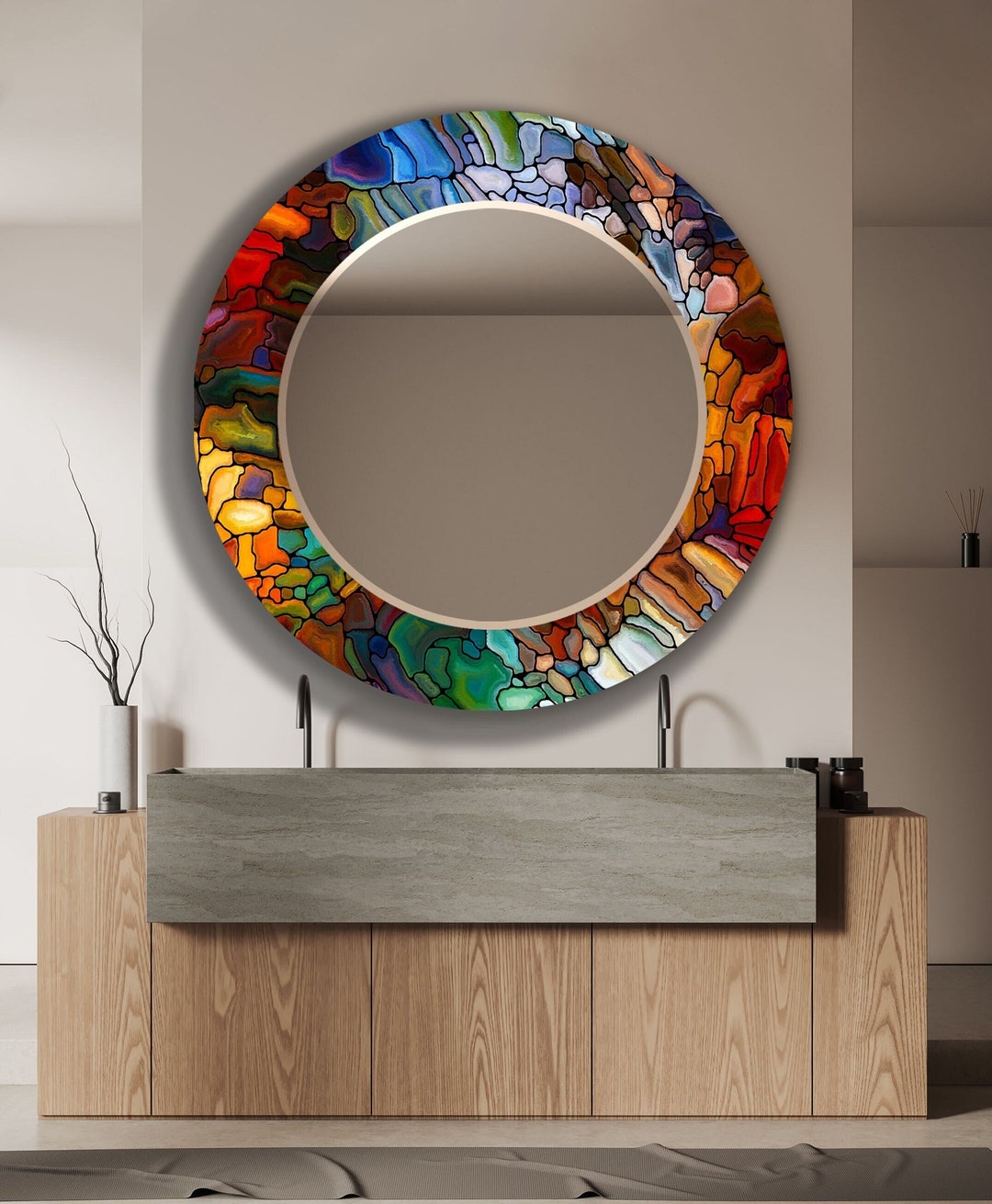 Stained Glass Round Mirror: Colorful Mosaic Framed Vanity Mirror - Etsy