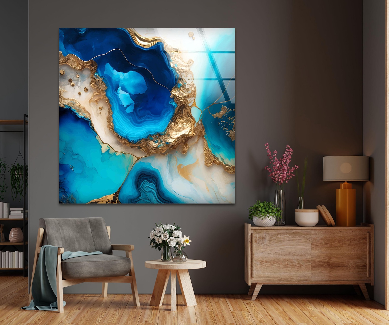 Blue & Gold Geode Glass Wall Art: Modern Agate Print - Etsy