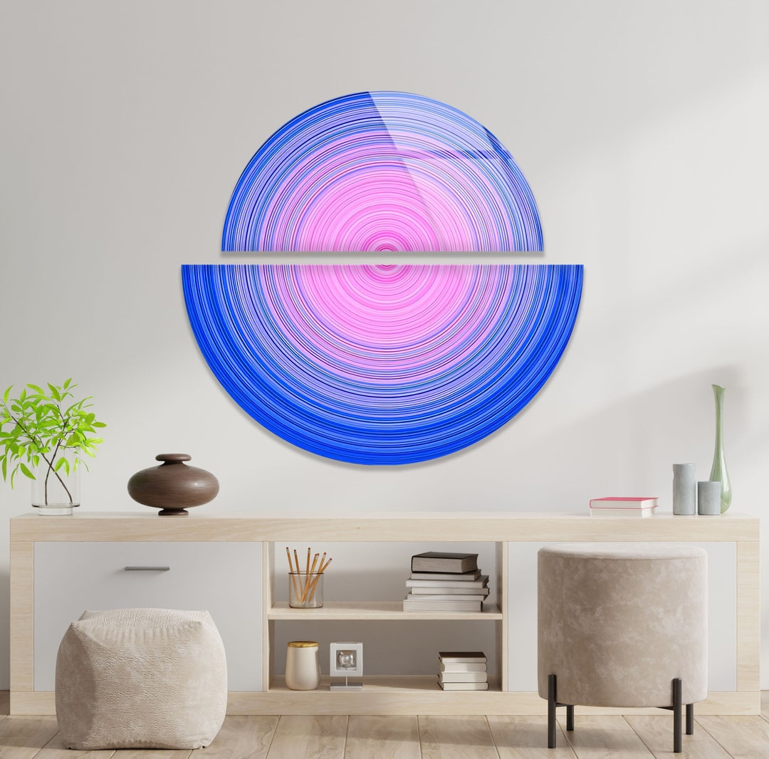 Modern Circular Glass Wall Art – Blue & Pink Abstract Geometric Decor ...