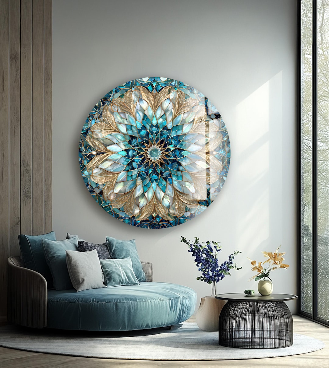Gold and Blue Mandala Glass Wall Art: Lotus Sacred Geometry - Etsy