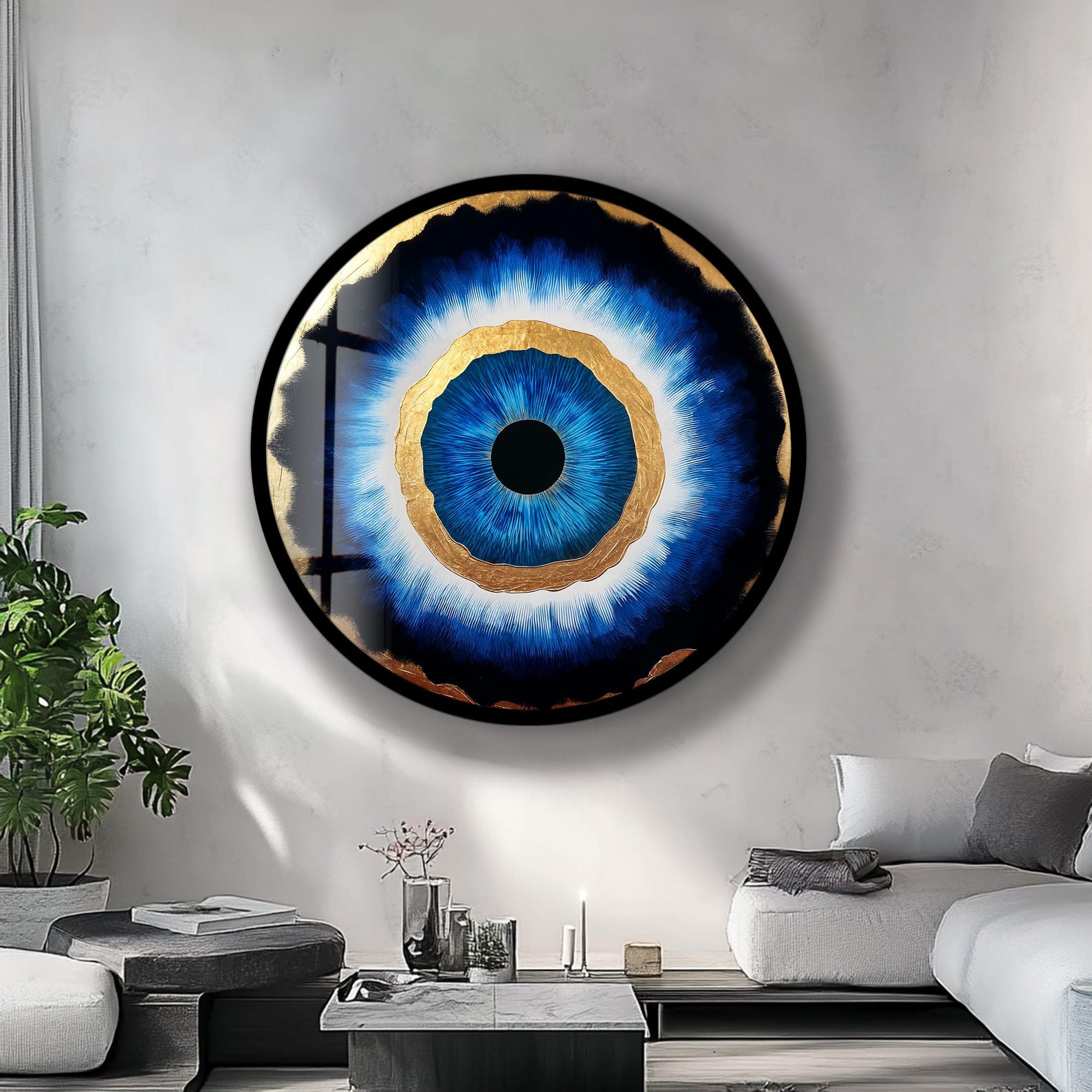 Blue Evil Eye Glass Wall Art: Modern Gold Accent, Protective Print - Etsy