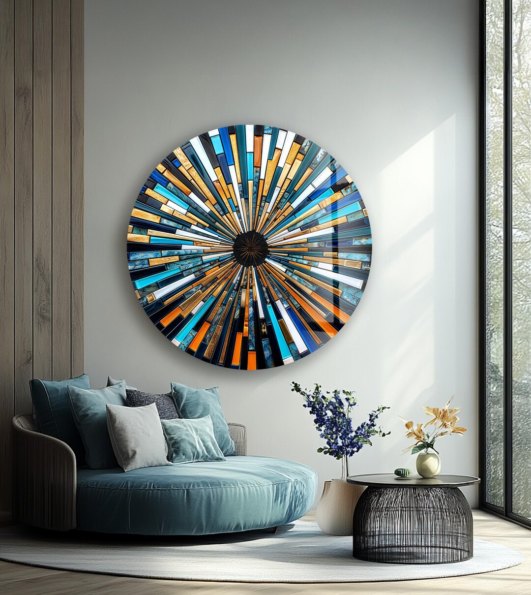 Mosaic Glass Wall Art: Blue, Orange, and Amber Abstract Round Panel - Etsy