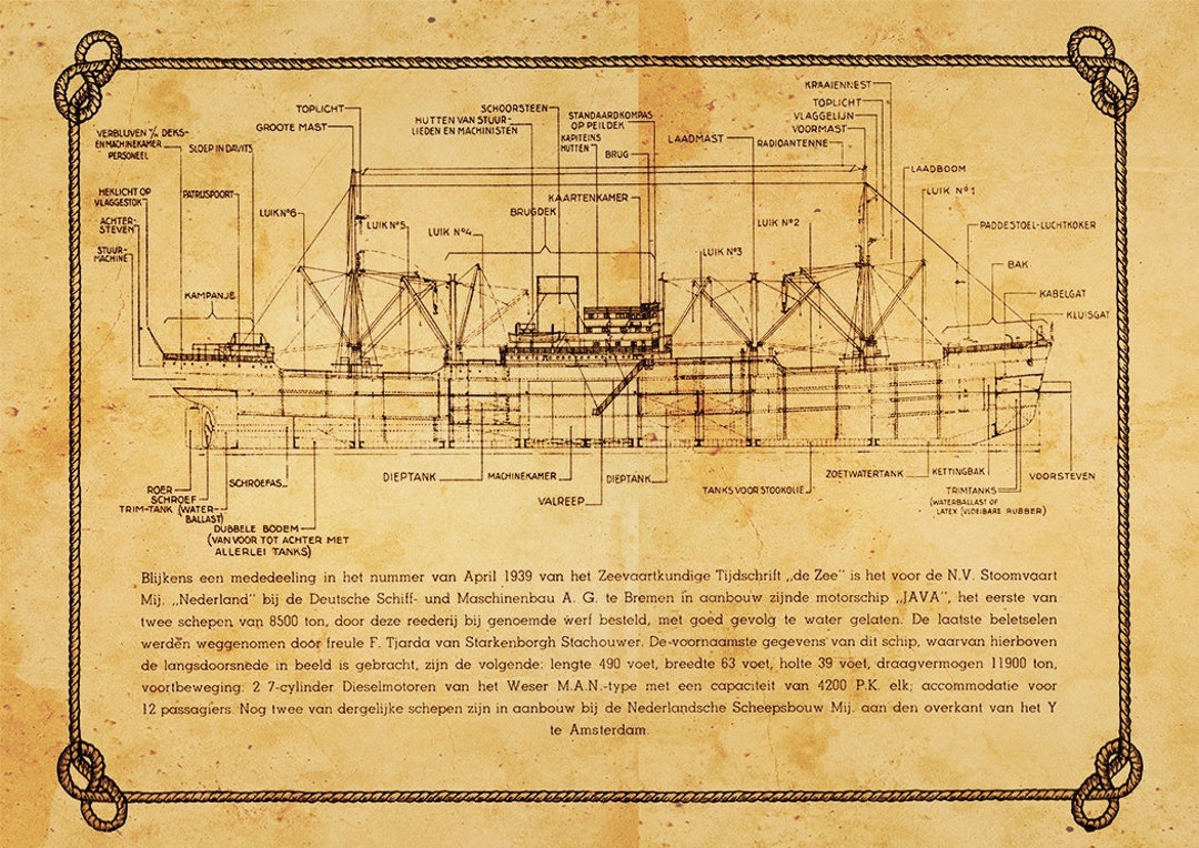 MS Java Vintage Ship Blueprint 1930s Dutch Maritime Engineering Art multiple Sizes and Ratios ...