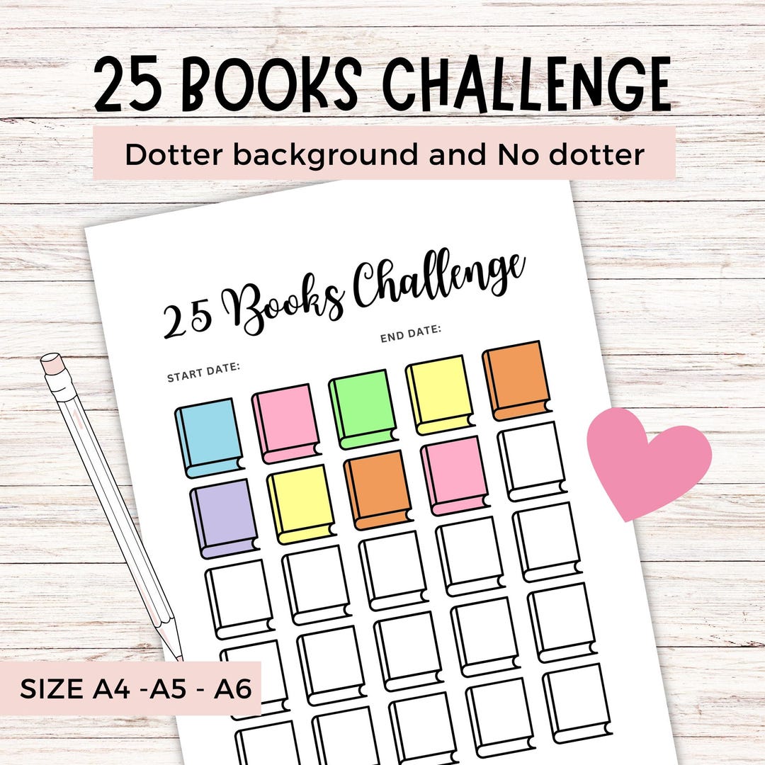 25 Books Challenge Printable – Reading Goal Tracker – Bullet Journal A4 ...