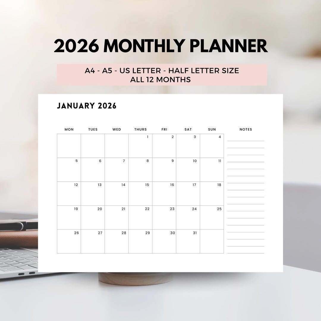 2026 Calendar Monthly Planner Landscape Printable 12 Months Included A4 ...