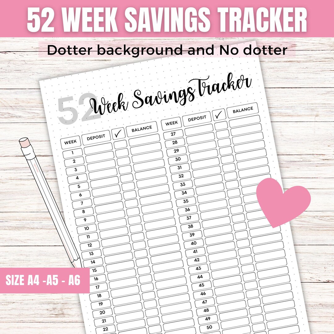 52 Week Savings Tracker Printable – Budget Planner Insert – Bullet ...