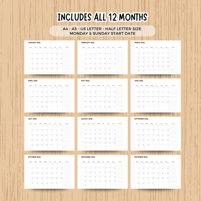 2026 Calendar Monthly Planner Landscape Printable 12 Months Included A4 ...
