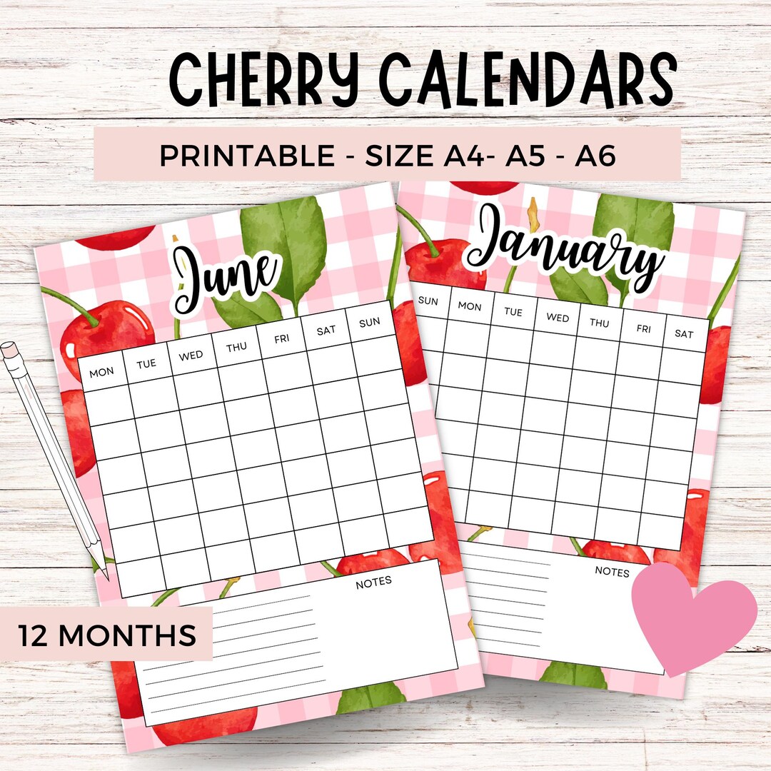 Cherry Calendar Bundle – Printable Journal Calendar Pages A4 A5 A6, 12 ...