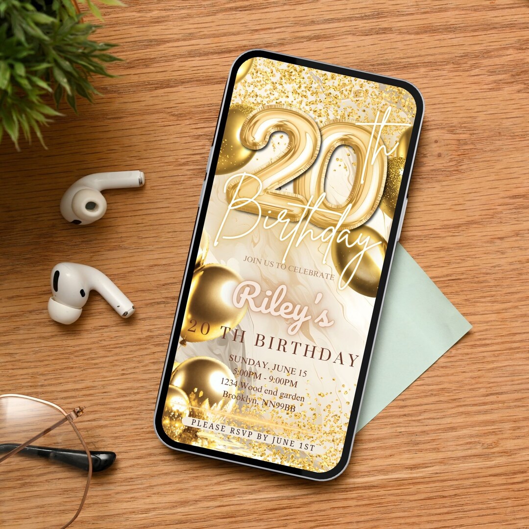 20th Birthday Invitation Template Editable Gold Glittery Balloons 20th ...